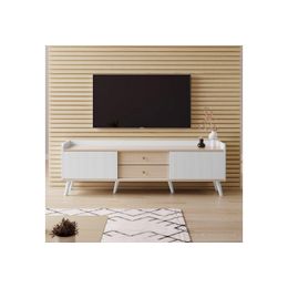 EXTSUD TV-Schrank Stilvoller TV-Schrank mit gestreiften Schiebetüren und viel Stauraum Zarte Textur. Weiß und natürliche Holzfarbe. H58/L160/T40 cm.