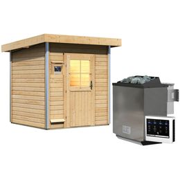 Karibu Saunahaus "Klaas" Saunen klassiche Tür, Ofen 9 kW Bio externe Strg Easy beige (naturbelassen) Saunahäuser