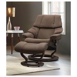 Relaxsessel stressless "Reno" Sessel Gr. ROHLEDER Stoff Q2 FARON, Classic Base Wenge, Relaxfunktion-Drehfunktion-PlusTMSystem-Gleitsystem, B/H/T: 79cm x 98cm x 75cm, braun (dark beige q2 faron) mit Hocker, Classic Base, Größe S, M & L, Gestell Wenge