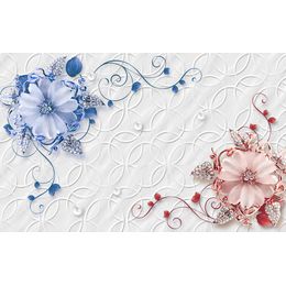 papermoon Fototapete "Muster mit Blumen rot blau" Tapeten Gr. B/L: 4,00 m x 2,60 m, Bahnen: 8 St., bunt Fototapeten