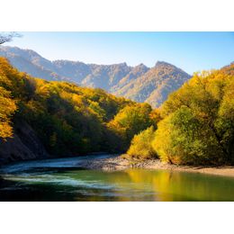 papermoon Fototapete "Autumn Mountain Forest River" Tapeten Gr. B/L: 4 m x 2,6 m, Bahnen: 8 St., bunt (mehrfarbig) Fototapeten