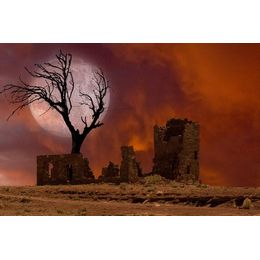 papermoon Fototapete "Ruine in Landschaft mit Mond" Tapeten Gr. B/L: 4,00 m x 2,60 m, Bahnen: 8 St., bunt Fototapeten