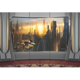 Komar Fototapete "Star Wars Coruscant View" Tapeten 368x254 cm (Breite x Höhe), inklusive Kleister Gr. B/L: 368 m x 254 m, Rollen: 8 St., gelb (grau, schwarz, gelb) Fototapeten Comic