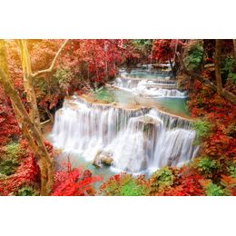 papermoon Fototapete "Huay Mae Kamin Autumn Waterfall" Tapeten Gr. B/L: 4 m x 2,6 m, Bahnen: 8 St., bunt (mehrfarbig) Fototapeten