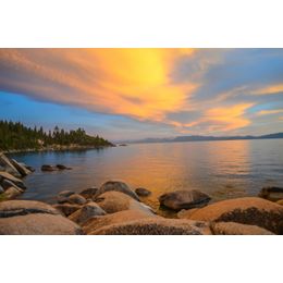 papermoon Fototapete "LAKE TAHOE-STRAND KLIPPEN FELSEN WALD SEE SONNE GEBIRGE" Tapeten Gr. B/L: 3,50 m x 2,60 m, Bahnen: 7 St., bunt Fototapeten