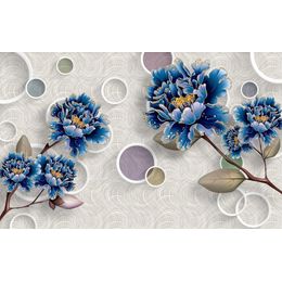 papermoon Fototapete "Muster mit Blumen blau" Tapeten Gr. B/L: 3,50 m x 2,60 m, Bahnen: 7 St., bunt Fototapeten