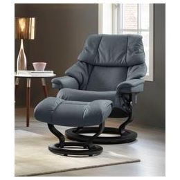 Relaxsessel stressless "Reno" Sessel Gr. Leder BATICK, Classic Base Schwarz-M, Relaxfunktion-Drehfunktion-PlusTMSystem-Gleitsystem, B/H/T: 79cm x 98cm x 75cm, blau (atlantic batick) mit Hocker, Classic Base, Größe S, M & L, Gestell Schwarz