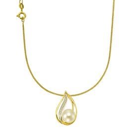 Kette mit Anhänger OROLINO "585/- Gelbgold Perle Brillanten" Halsketten Gr. 42/45cm, 0,04 ct, Gold, Länge: 45 cm Breite: 16.0 mm, gelb Damen Ketten mit Anhänger