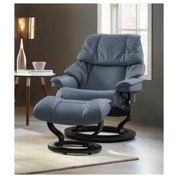 Relaxsessel stressless "Reno" Sessel Gr. Leder PALOMA, Classic Base Schwarz-L, Relaxfunktion-Drehfunktion-PlusTMSystem-Gleitsystem, B/H/T: 88cm x 98cm x 78cm, blau (sparrow blue paloma) mit Hocker, Classic Base, Größe S, M & L, Gestell Schwarz