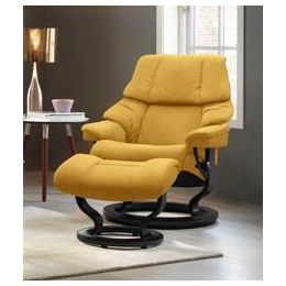 Relaxsessel stressless "Reno" Sessel Gr. ROHLEDER Stoff Q2 FARON, Classic Base Schwarz, Relaxfunktion-Drehfunktion-PlusTMSystem-Gleitsystem, B/H/T: 75cm x 96cm x 75cm, gelb (yellow q2 faron) mit Hocker, Classic Base, Größe S, M & L, Gestell Schwarz