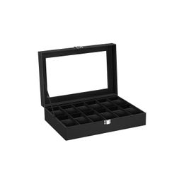 Intirilife Uhrenbox, Uhrenschatulle 12 Steckplätze Uhrenbox Glasdeckel in Schwarz 30x20x8cm