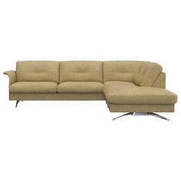 Ecksofa FLEXLUX "Glow, super bequem durch hochwertigem Sitzaufbau mit Federkern, L-Form" Sofas Gr. B/H/T: 268cm x 81cm x 224cm, Bouclé, Ottomane links, Armlehnen in Walnuss, gelb (mustard gelb) Skandinavisches Design, In hochwertiger Verarbeitung