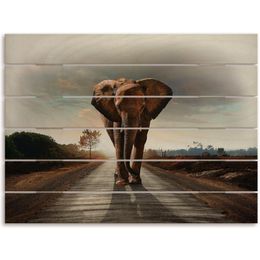 Holzbild Artland "Ein Elefant läuft auf der Straße" Bilder Gr. B/H/T: 80 cm x 60 cm x 2,4 cm, Holzbild Elefanten Bilder Querformat, 1 St., braun Holzbilder