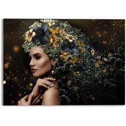 Glasbild Reinders "Glasbild Elegante Frau Blumen - Festlich Schmetterling Eleganz" Bilder Gr. B/H: 70 cm x 50 cm, Frau, 1 St., goldfarben Glasbilder