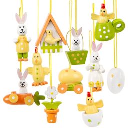 Logbuch-Verlag Osternest Holz Osterdeko zum Aufhängen Set 11-teilig, bunte Osteranhänger Frühlingsdeko 3,5-5 cm, bunt|gelb|grün