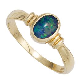 Schmuck Krone Fingerring Ring Damenring mit Opal oval blau-grün 585 Gold Gelbgold Goldring Opalring