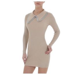 Ital-Design Strickkleid Damen Party & Clubwear Strass Stretch Strickoptik Minikleid in Beige