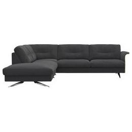 Ecksofa FLEXLUX "Glow, super bequem durch hochwertigem Sitzaufbau mit Federkern, L-Form" Sofas Gr. B/H/T: 268cm x 81cm x 224cm, Lederoptik, Ottomane rechts, Armlehnen in Walnuss, grau (shark grey) Skandinavisches Design, In hochwertiger Verarbeitung