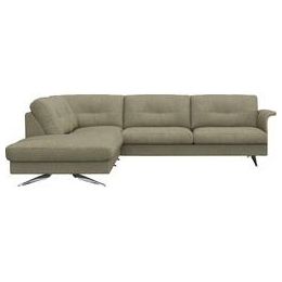 Ecksofa FLEXLUX "Glow, super bequem durch hochwertigem Sitzaufbau mit Federkern, L-Form" Sofas Gr. B/H/T: 268cm x 81cm x 224cm, Bouclé, Ottomane rechts, Armlehnen in Walnuss, grün (fall green) Skandinavisches Design, In hochwertiger Verarbeitung