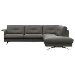 Ecksofa FLEXLUX "Glow, super bequem durch hochwertigem Sitzaufbau mit Federkern, L-Form" Sofas Gr. B/H/T: 268cm x 81cm x 224cm, Echtleder, Ottomane links, Armlehnen in Walnuss, grau (warm mineral grau) Skandinavisches Design, In hochwertiger Verarbeitung