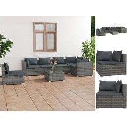 vidaXL Garten-Essgruppe 7-tlg Garten Lounge Set mit Kissen Polyrattan Grau Loungemöbel