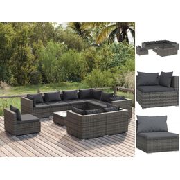 vidaXL Garten-Essgruppe 10-tlg Garten Lounge Set mit Kissen Polyrattan Grau Loungemöbel