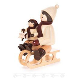 Dregeno Erzgebirge Weihnachtsfigur Miniatur Schlittenfahrerin mit Kind auf Schlitten