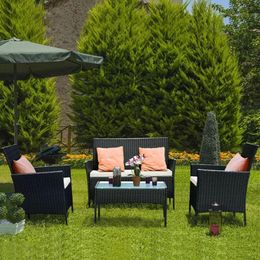 Bigzzia - Gartenmöbel Set Polyrattan Lounge Gartengarnitur 2 x Sessel + 1 x Doppelsitz-Sofa + 1 x Tisch + 3 x Kissen, Schwarz - Schwarz