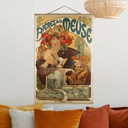 MICASIA Stoffbild mit Posterleisten - Alfons Mucha - Plakat für La Meuse Bier - Hochformat 3:2 Größe HxB: 52.5cm x 35cm Material: Eiche