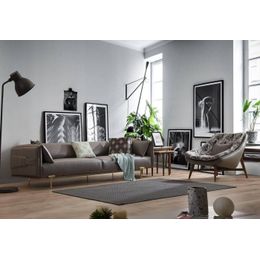 JVmoebel Wohnzimmer-Set Exklusive Graue Wohnzimmer Sofagarnitur Ledersofa Designer Sessel 2tlg