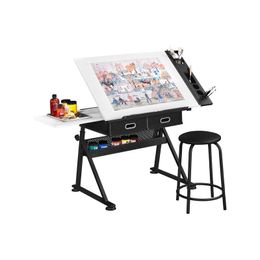 Yaheetech Zeichentisch Architektentisch Verstellbarer Tischplatte Schreibtisch Schülerschreibtisch mit Hocker und Schubladen Höhenverstellbar Arbeitstisch für