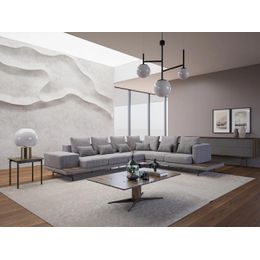JVmoebel Wohnzimmer-Set Luxus Wohnzimmer Grau Sofa L-Form Holz Couchtisch mit Beistelltisch