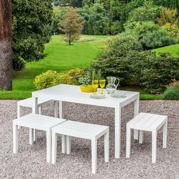 Outdoor-Lounge-Set Sanremo, Gartenset mit 1 rechteckigem Tisch und 4 Bänken, Indoor- und Outdoor-Set für Pic Nic, 100 % Made in Italy, Weiß
