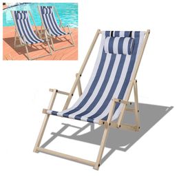 VINGO - Liegestuhl Klappbar Gartenstuhl Holz Sonnenliege Klappstuhl Campingstuhl Strand Blau weiß Mit Handläufen 2 Stück - Blau weiß