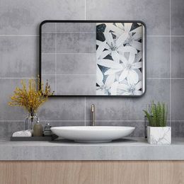 MIQU Badezimmerspiegel 70x50cm Badspiegel ohne Beleuchtung rechteckig Spiegel Schwarz Metallrahmen Wandspiegel für Badezimmer, Wohnzimmer, wc 500x700mm