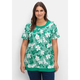 sheego Große Größen: Shirt in leichter A-Linie, mit Blumendruck und Streifen, tiefgrün gemustert, Gr.52