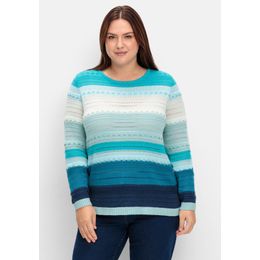 sheego Große Größen: Pullover im Colorblocking und Ajourstrickmuster, mint gestreift, Gr.40