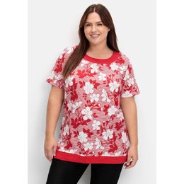 sheego Große Größen: Shirt in leichter A-Linie, mit Blumendruck und Streifen, rot gemustert, Gr.54