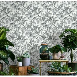 marburg Vliestapete Tranquil Tropics, botanisch, moderne Vliestapete für Wohnzimmer Schlafzimmer Küche, schwarz|weiß