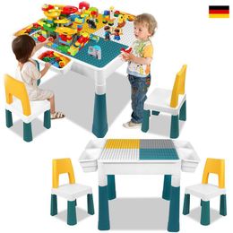 Aufun - Höhenverstellbarer Kindertisch mit Stühle Set 6 in 1 Bausteine Spieltisch, mit 163 Stücke Blocks, Stauraum, 2 Stühle, Geschenk für Jungen und