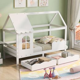 Kinderbett 90x200 cm mit Fallschutz und Lattenrost Massivholz Bett für Kinder Weiß