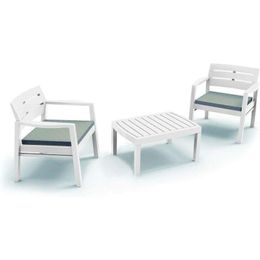 Outdoor-Lounge-Set Dalfier, Gartengarnitur mit 2 Sesseln und 1 Couchtisch, Innen- und Außensitzgruppe mit Kissen, 100 % Made in Italy, Weiß - Dmora