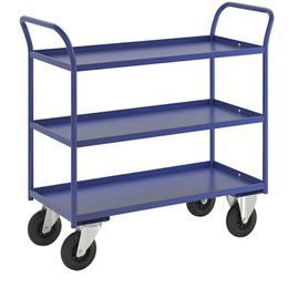 Kongamek Tischwagen KM41, 3 Etagen mit Aufkantung, LxBxH 1080 x 450 x 1000 mm, blau, 2 Lenk- und 2 Bockrollen
