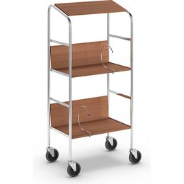 HelgeNyberg Aktenordnerwagen mit Ablageboden, verchromt, 3 Etagen, LxBxH 550 x 340 x 1060 mm, Kirsche-Dekor