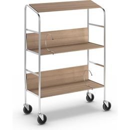 HelgeNyberg Aktenordnerwagen mit Ablageboden, verchromt, 3 Etagen, LxBxH 800 x 340 x 1060 mm, Eiche-Dekor
