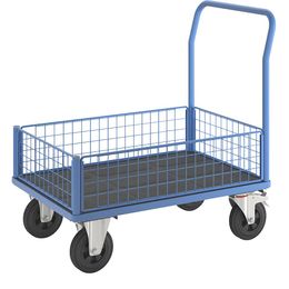 eurokraft pro Plattformwagen, 4 halbhohe Gitterwände, LxB 1050 x 700 mm, Vollgummireifen