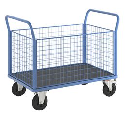 eurokraft pro Plattformwagen, 4 hohe Gitterwände, LxB 1250 x 800 mm, Vollgummireifen