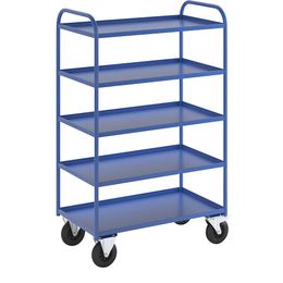 Kongamek Etagenwagen KM41, 5 Etagen mit Aufkantung, LxBxH 955 x 550 x 1490 mm, blau, 2 Lenkrollen mit Stopp, 2 Bockrollen
