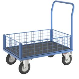 eurokraft pro Plattformwagen, 4 halbhohe Gitterwände, LxB 1050 x 700 mm, Luftreifen