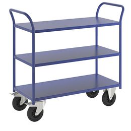 Kongamek Tischwagen KM41, 3 Etagen, LxBxH 1080 x 450 x 975 mm, blau, 2 Lenkrollen mit Stopp, 2 Bockrollen